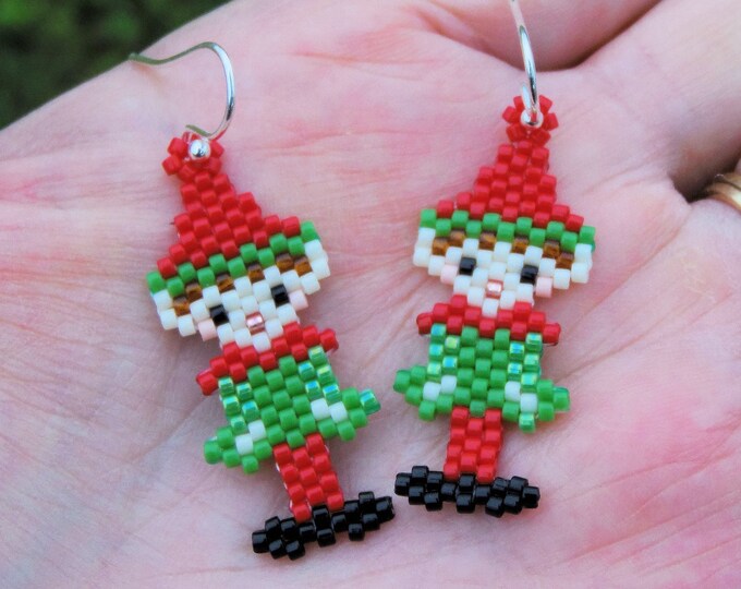 2 Elf Earrings Christmas Jewelry Beaded Elf Earrings Handmade Holiday ...