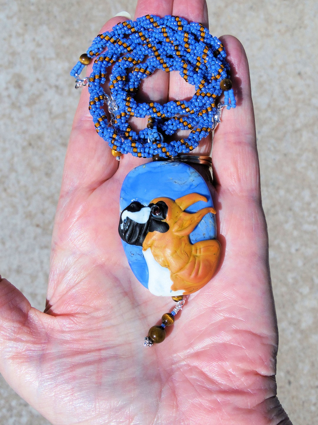 Lampwork Boxer Dog Necklace: Artisan Beadwork, Tiger Eye, Blue Brown - Etsy