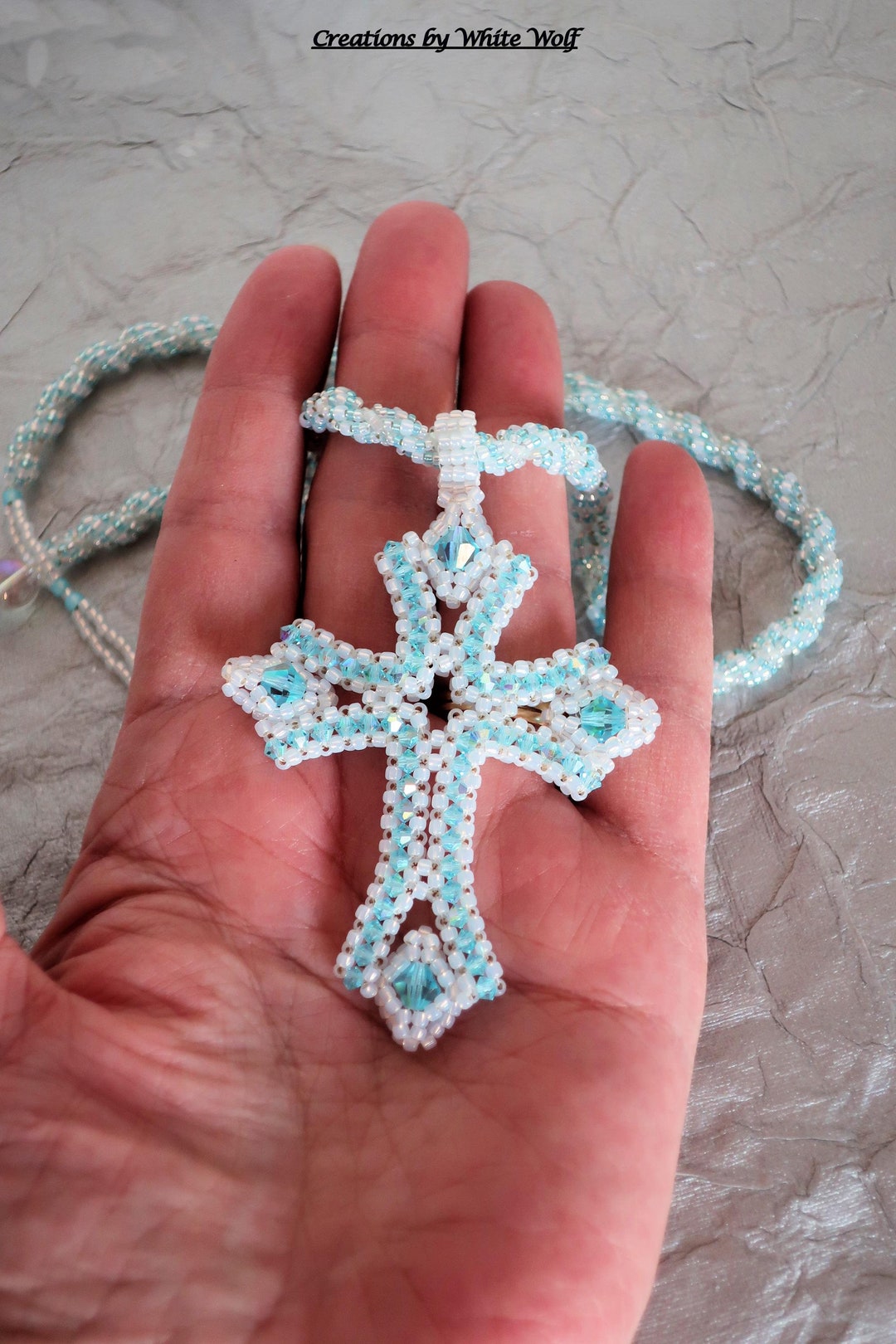 Handmade Beaded Byzantine Cross Necklace: Aqua Crystal Pendant - Etsy