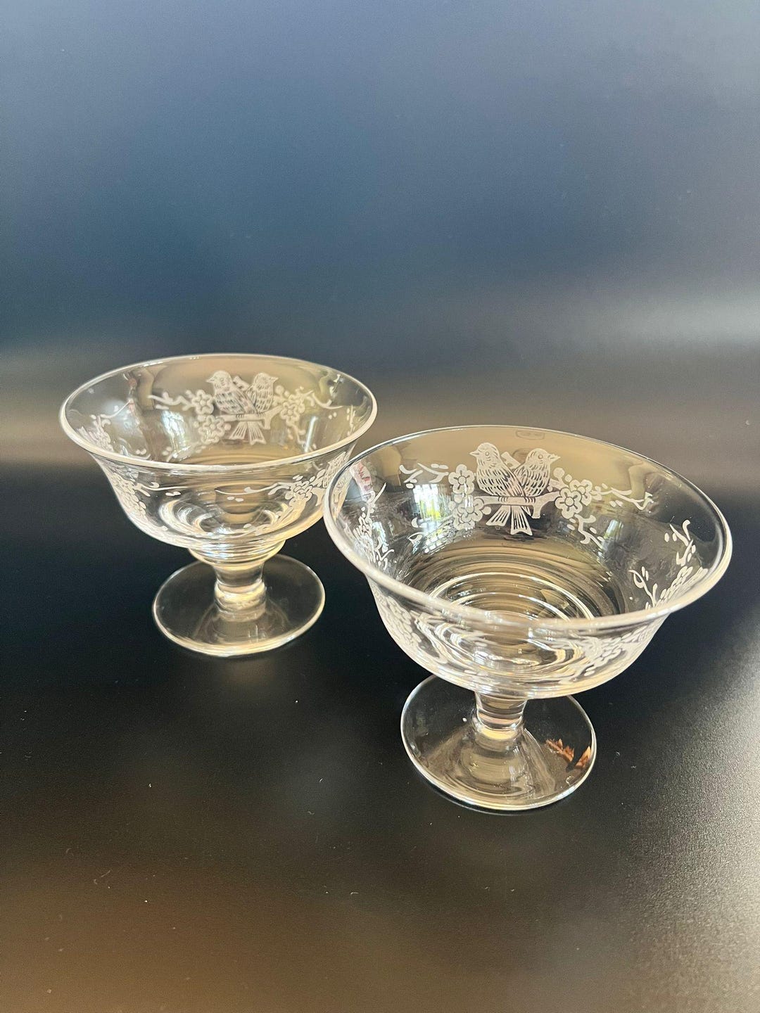 Vintage Stuart England Crystal Compotes – Etched Bird Motif, Mid ...
