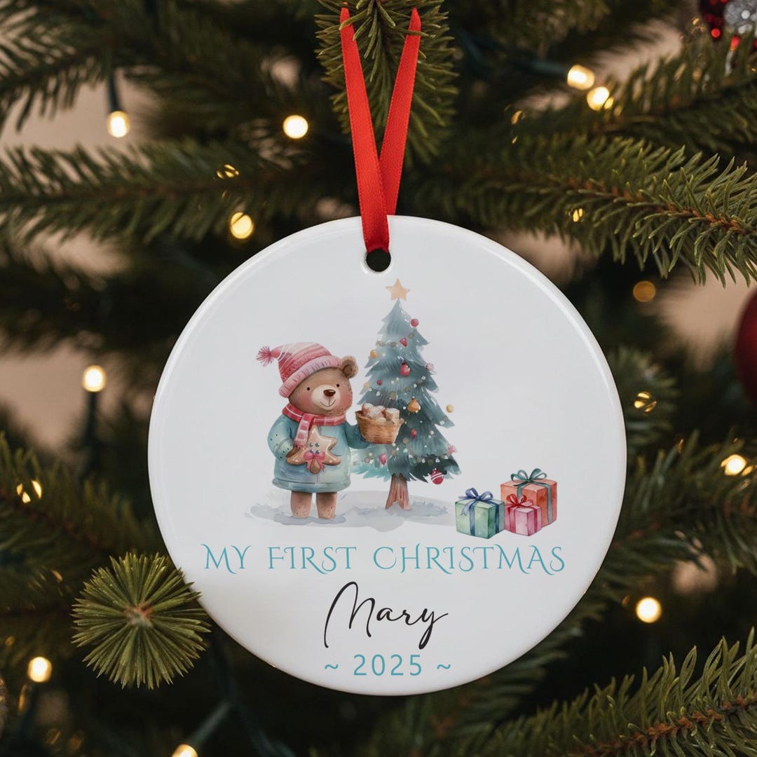 Baby's First Christmas Teddy Bear Bauble, Personalised Ceramic ...