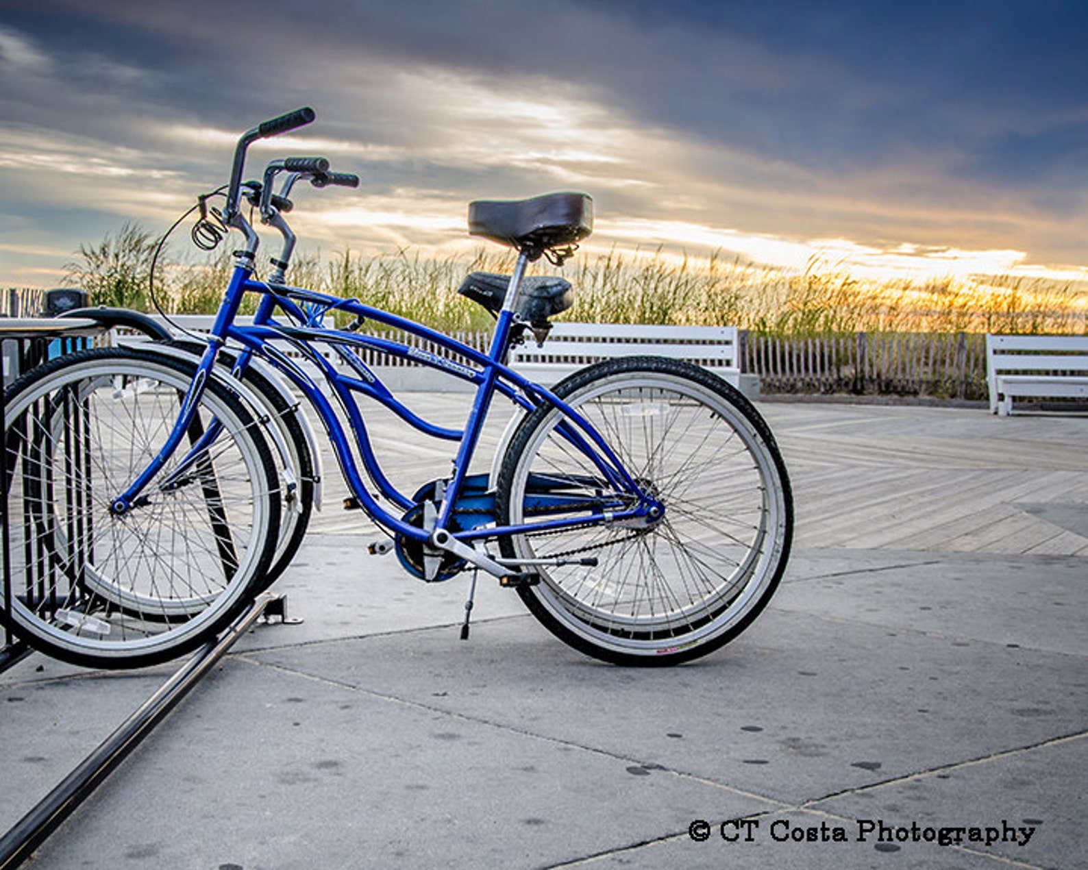 Blue Bicycles Matted Photography, Boardwalk Sunrise, Beach Bike Ride ...