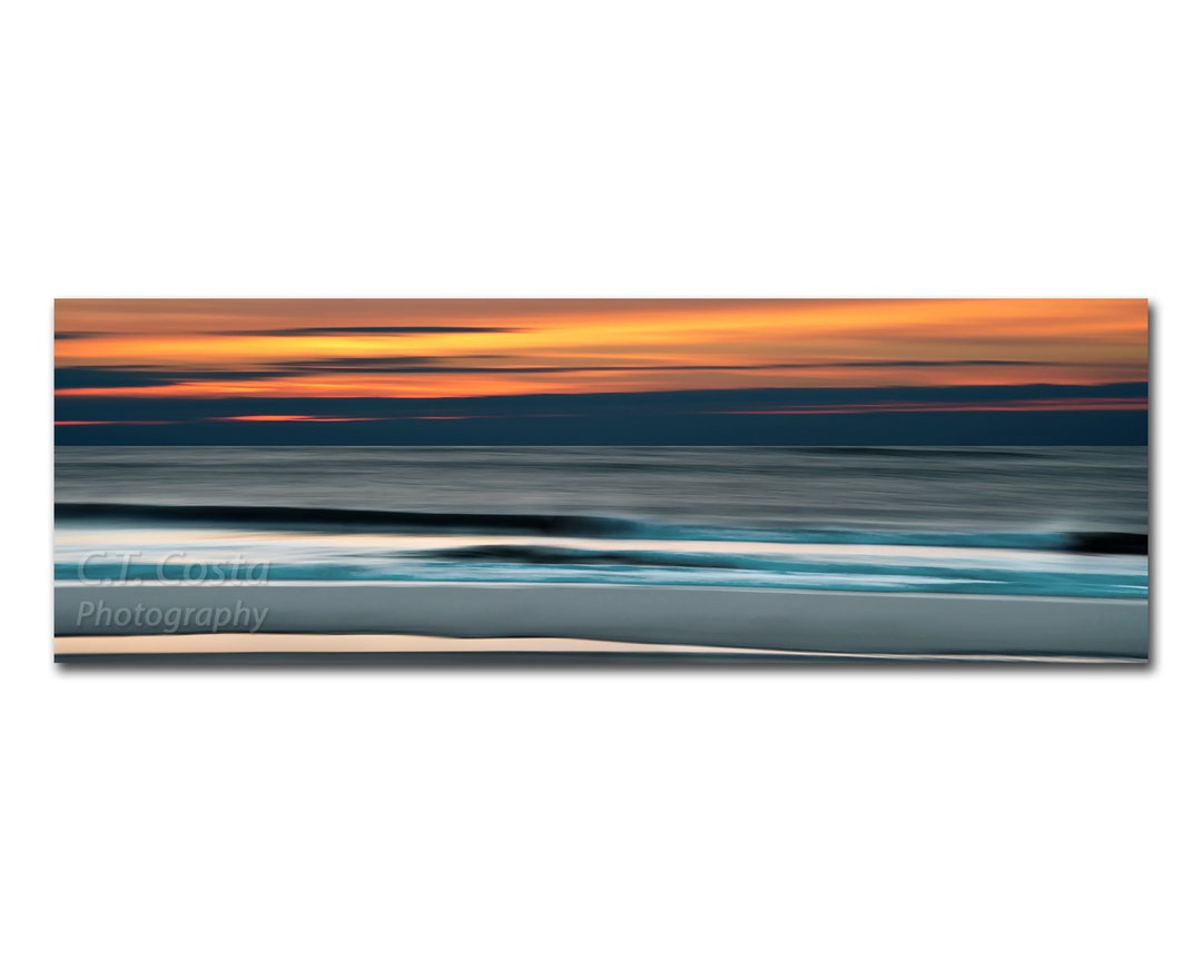 Ocean Seascape Panoramic Print, Blue, Orange, Abstract Wall Decor ...