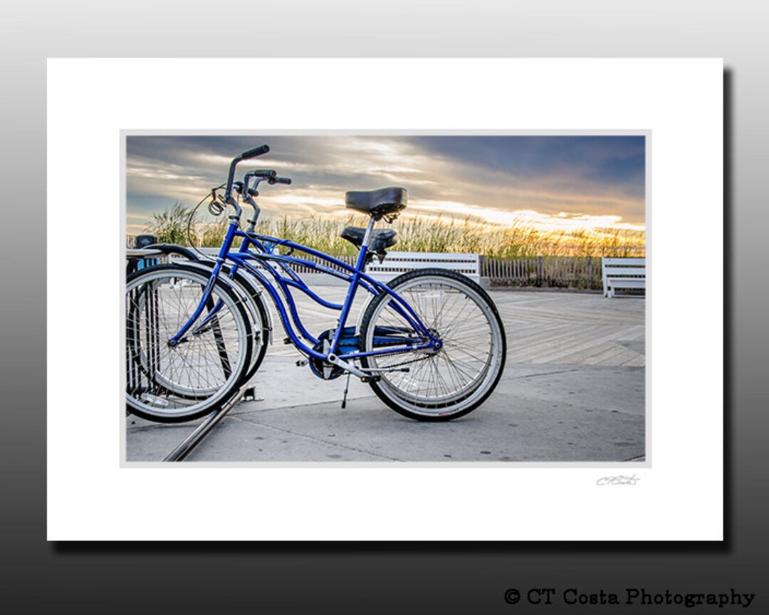 Blue Bicycles Matted Photography, Boardwalk Sunrise, Beach Bike Ride ...