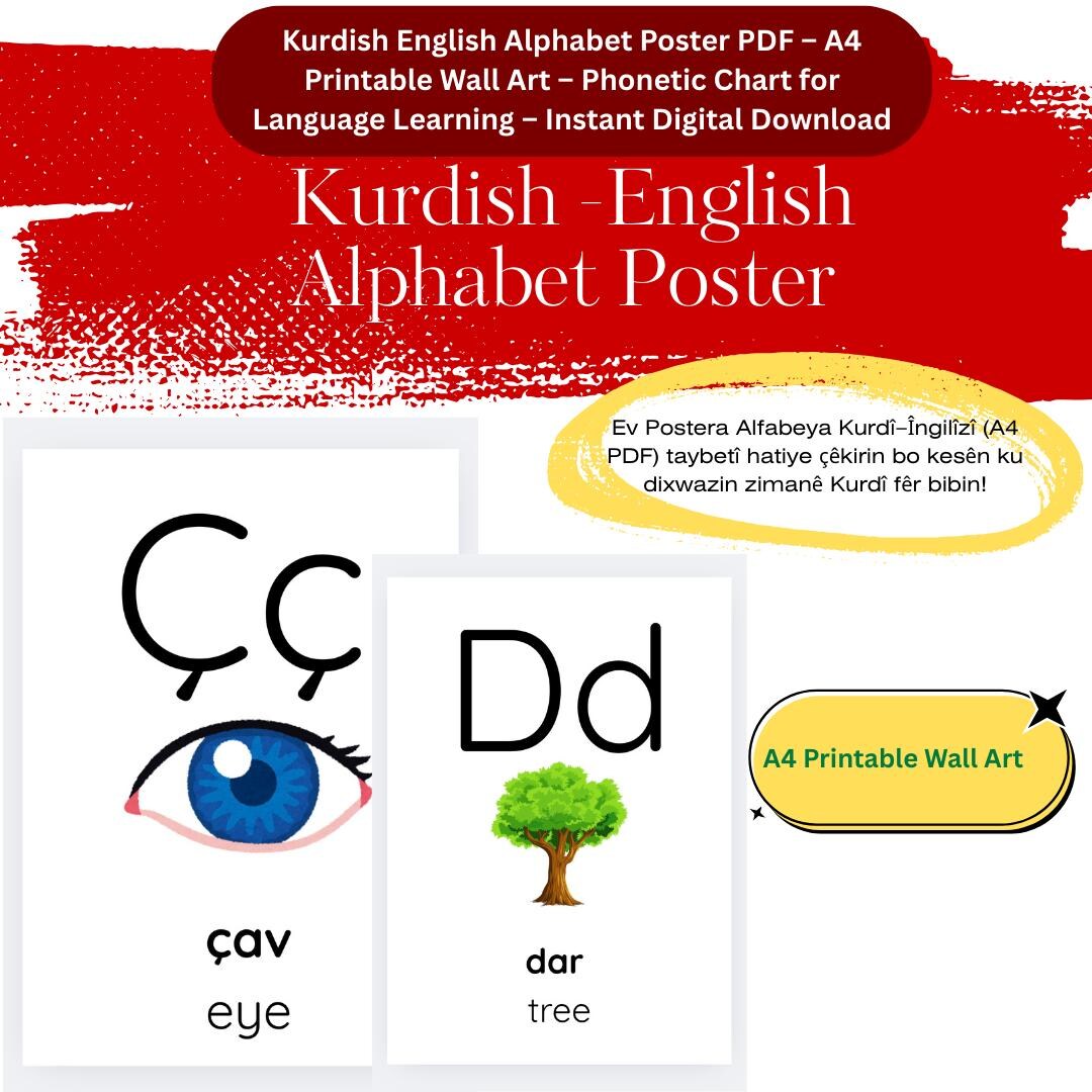 Kurdish Alphabet Poster: English Phonetic Chart, A4 Printable (digital ...