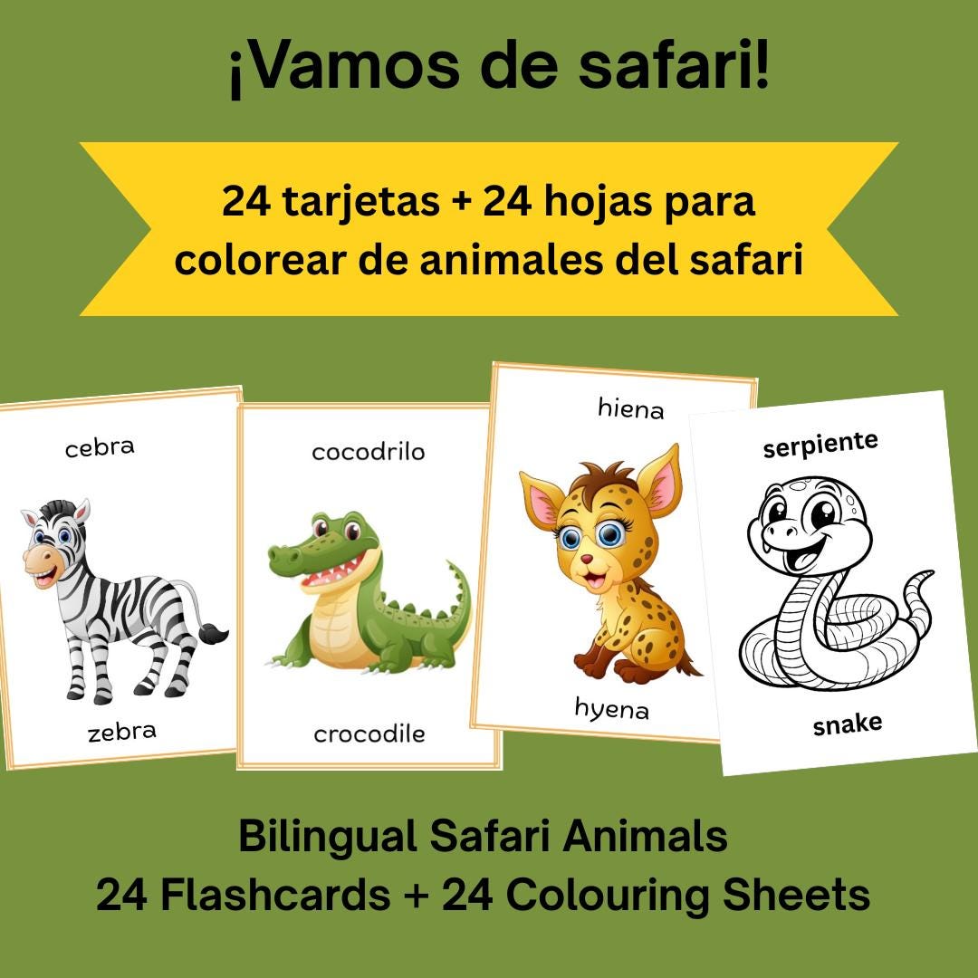 Safari Animal Flashcards & Coloring Pages: Bilingual English Spanish ...
