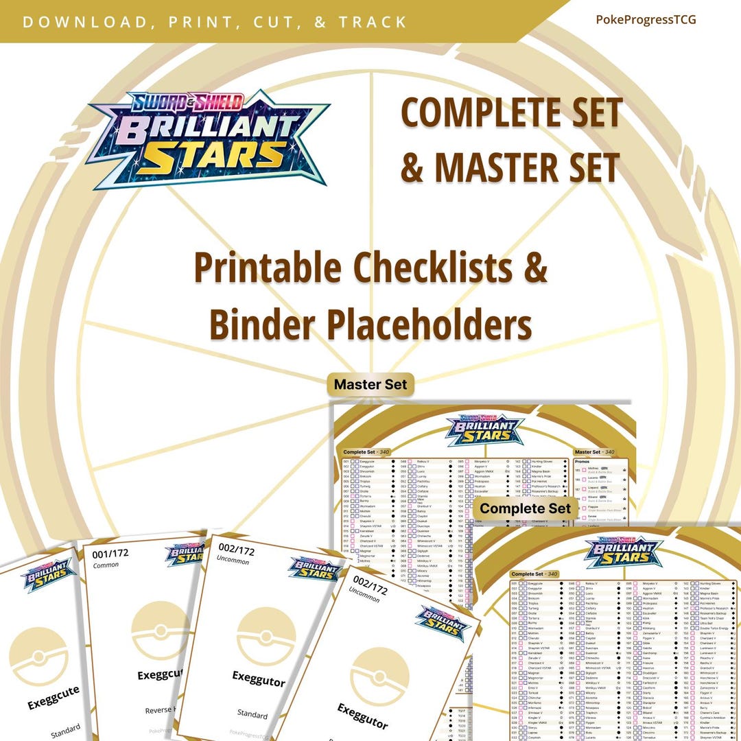 Sword and Shield | Brilliant Stars - Master Set & Complete Set Checklists + Binder Placeholders ...