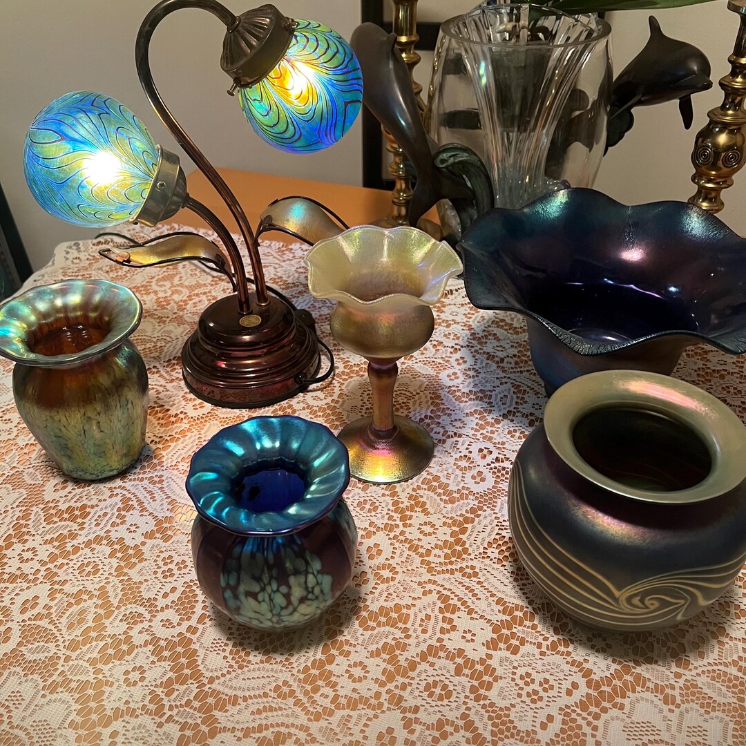 Vintage Hand Blown Carnival Glass Set by Saul Alcaraz, Tiffany Style - Etsy