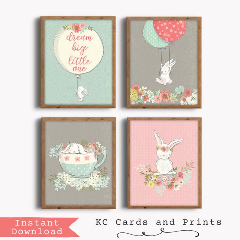 Rabbit Print Set Bunny Nursery Prints Four 8x10 Digital | Etsy