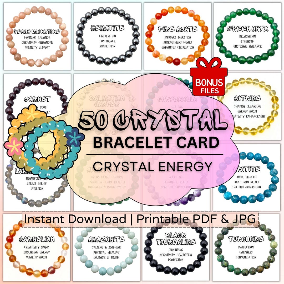 50 Crystal Bracelet Meaning Cards: Square Shape Printable Gemstone ...