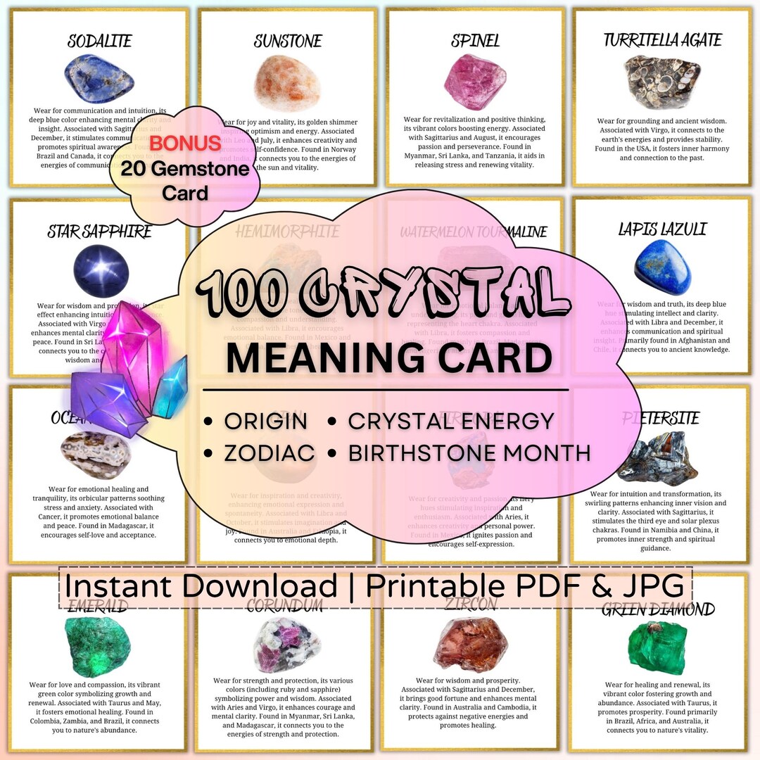 100 Crystal Meaning Cards: Square Shape Printable Gemstone Guide ...