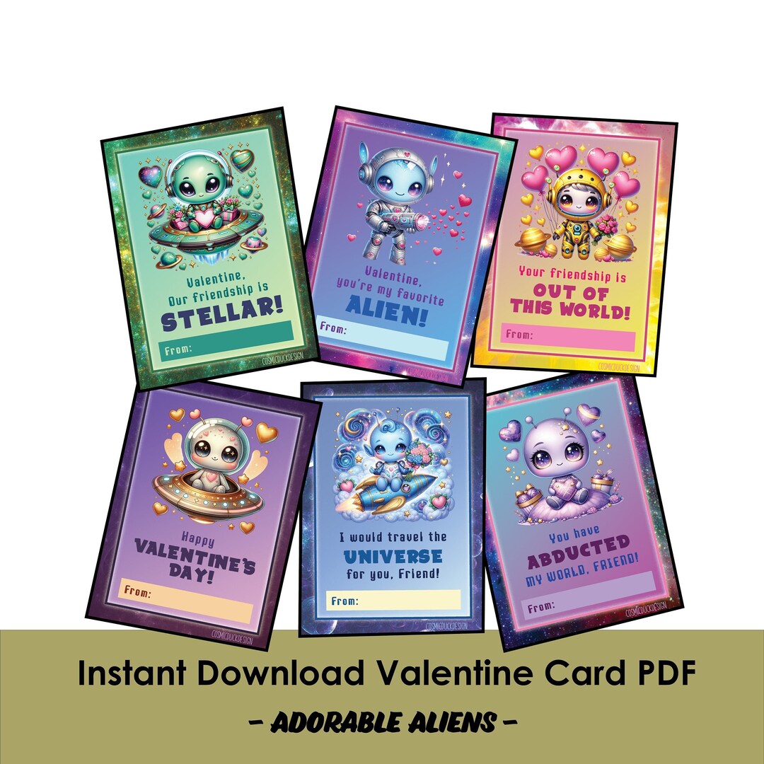 Adorable Aliens Valentine's Day Cards, Download Valentines Instant ...