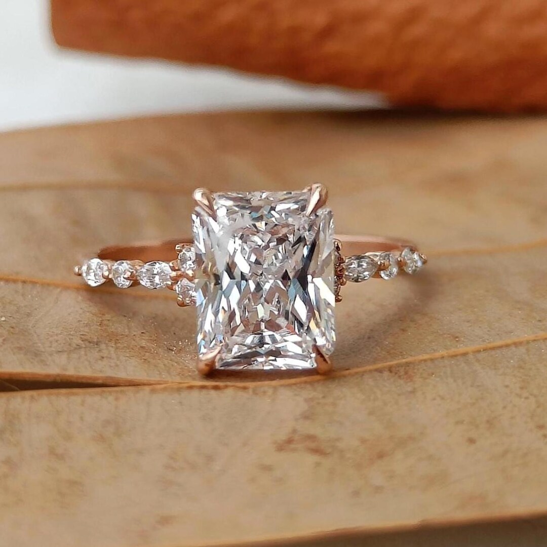 Elongated Radiant Cut Engagement Ring, 14k Rose Gold Hidden Halo Ring ...