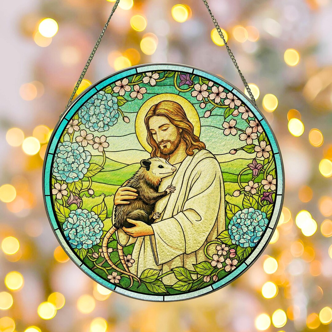 Jesus Hugging Opossum Suncatcher Window Hanging, Religious Animal ...