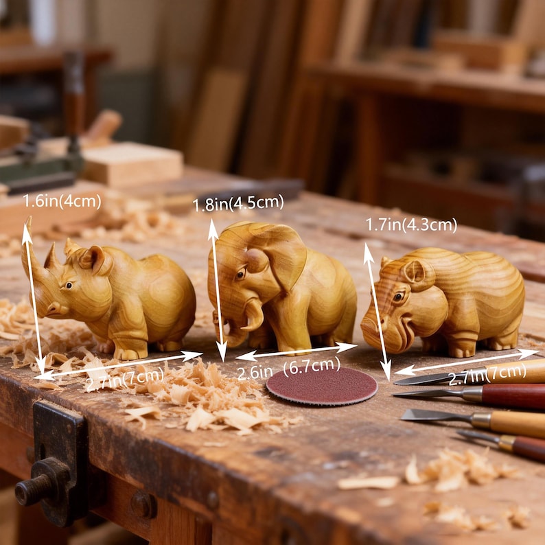 Handmade Mini Elephant Hippo Rhino Trio, Natural Nursery Decor, Desk ...