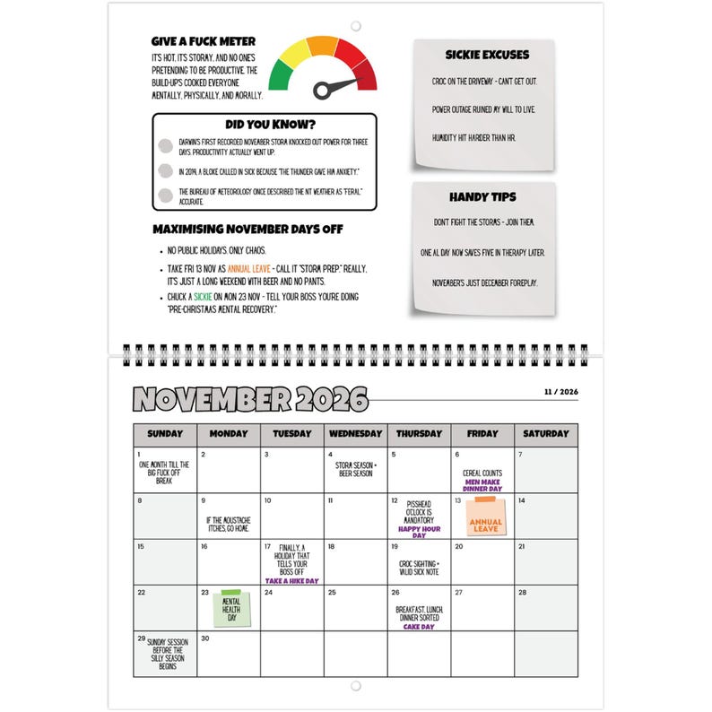 2026 NT Leave Calendar: Rude Aussie Sickie Excuses, A4 Printed - Etsy ...