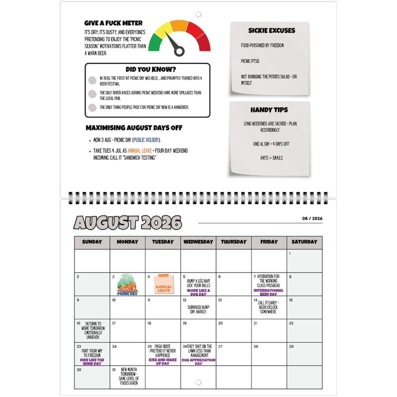 2026 NT Leave Calendar: Rude Aussie Sickie Excuses, A4 Printed - Etsy ...