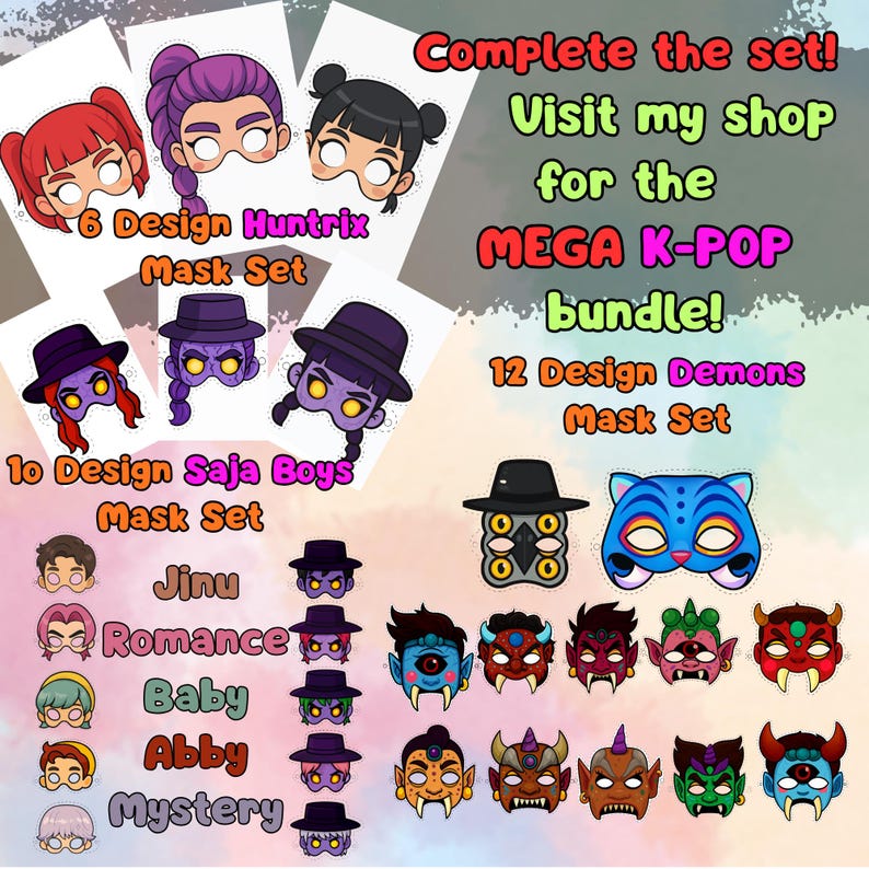K‑pop Huntrix Printable Mask Set, 6 Designs Rumi, Zoey & Mira With ...