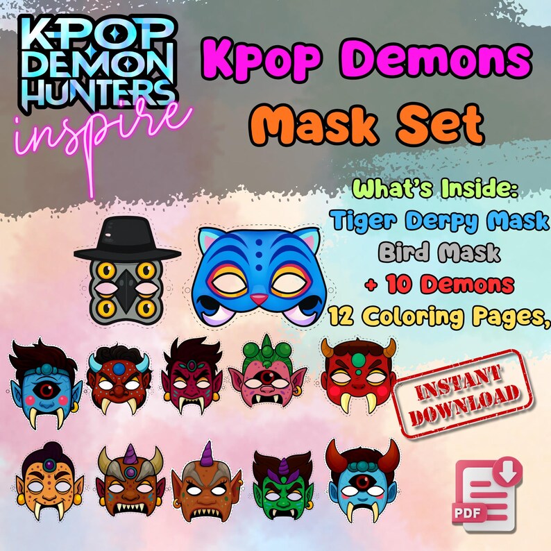 K-pop Demon Hunters Printable Mask Set, Tiger Derpy, Bird (digital ...