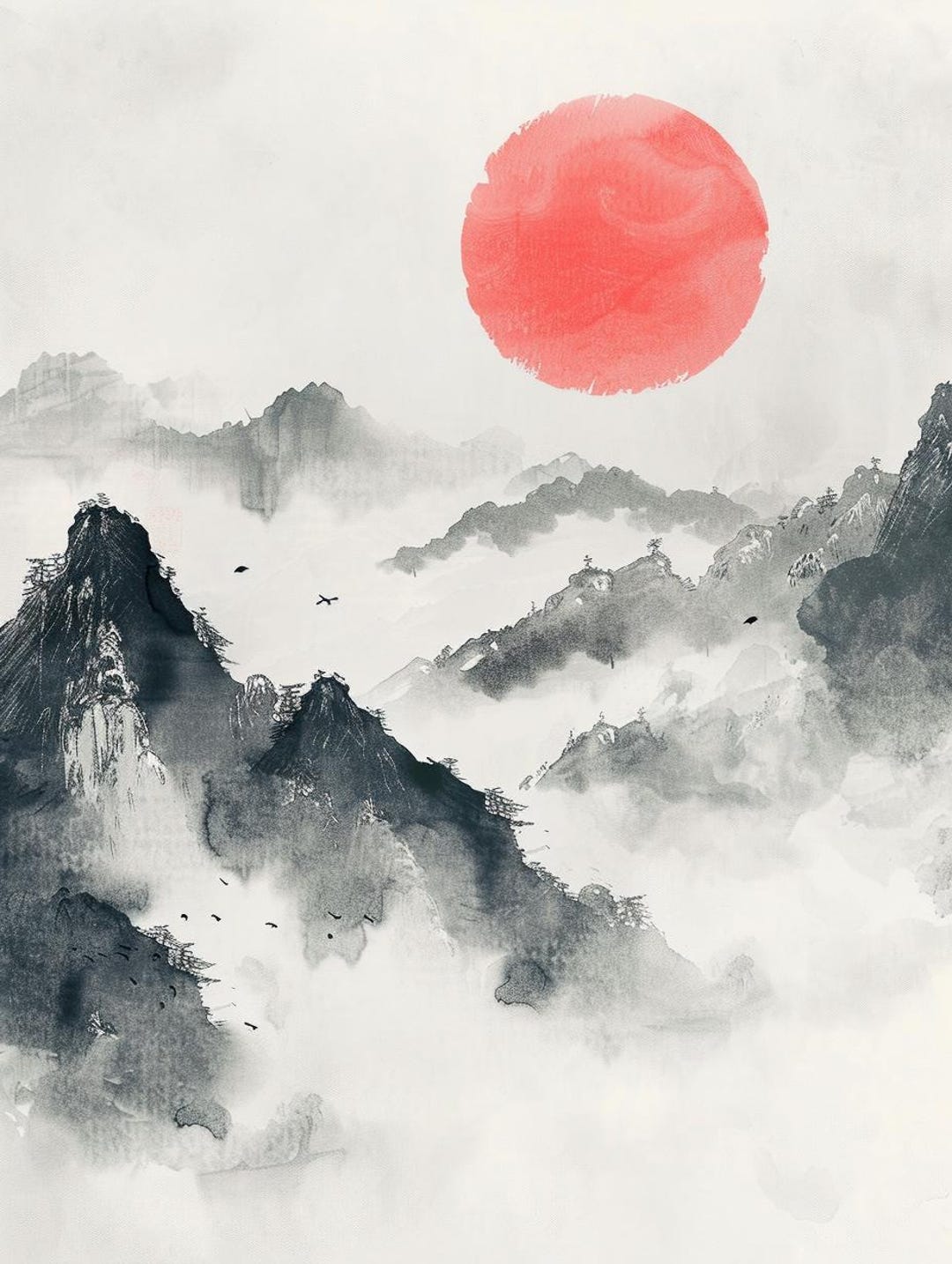 Sun & Mountain — Japanese Sumi-e Ink Painting, Zen Landscape Wall Art ...