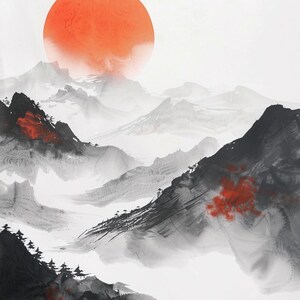 Sun & Mountain — Japanese Sumi-e Ink Painting, Zen Landscape Wall Art ...