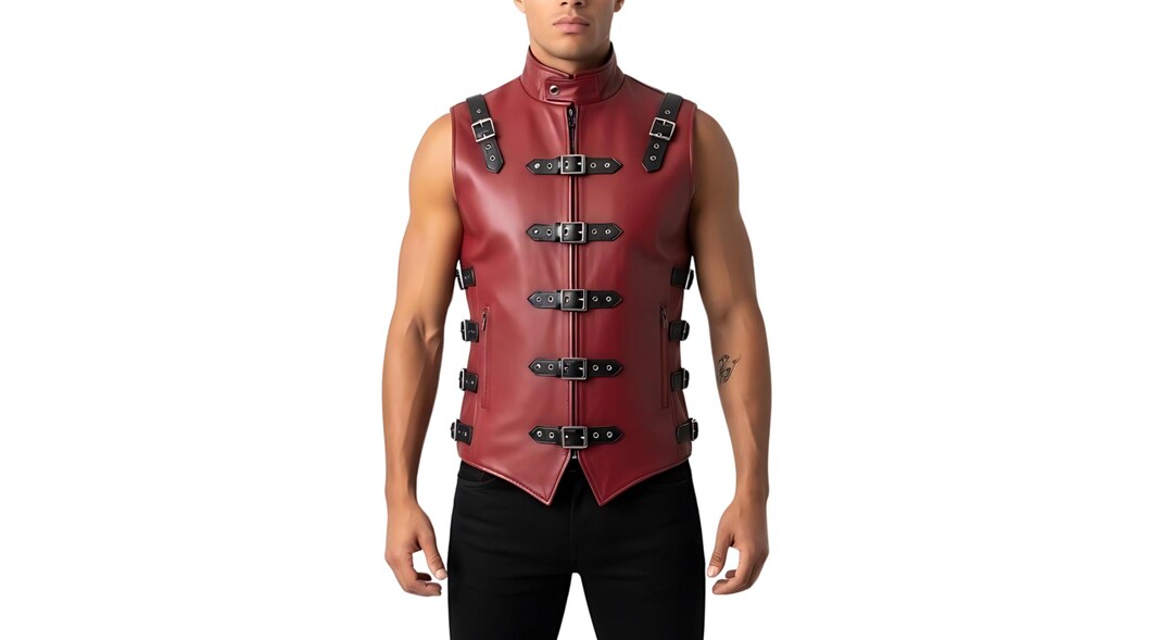 Men's Red Leather Buckle Vest | Gothic Biker Sleeveless Waistcoat - Etsy