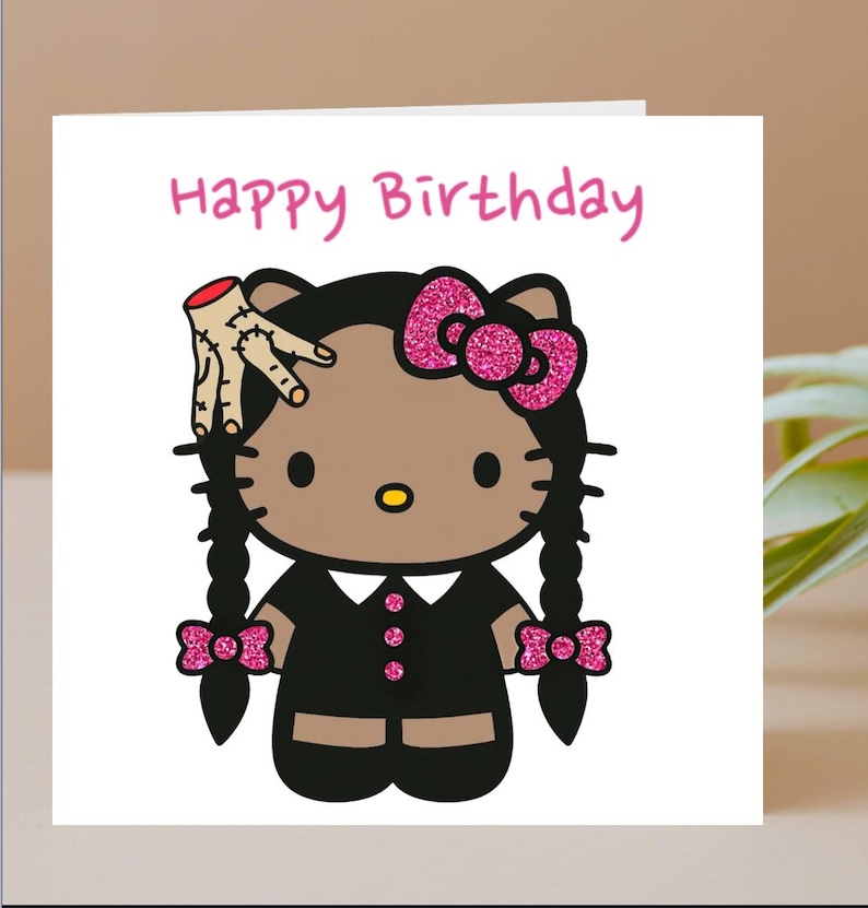 Kitty Cat & Wednesday Addams Birthday Card - Cute Kawaii Design - Etsy