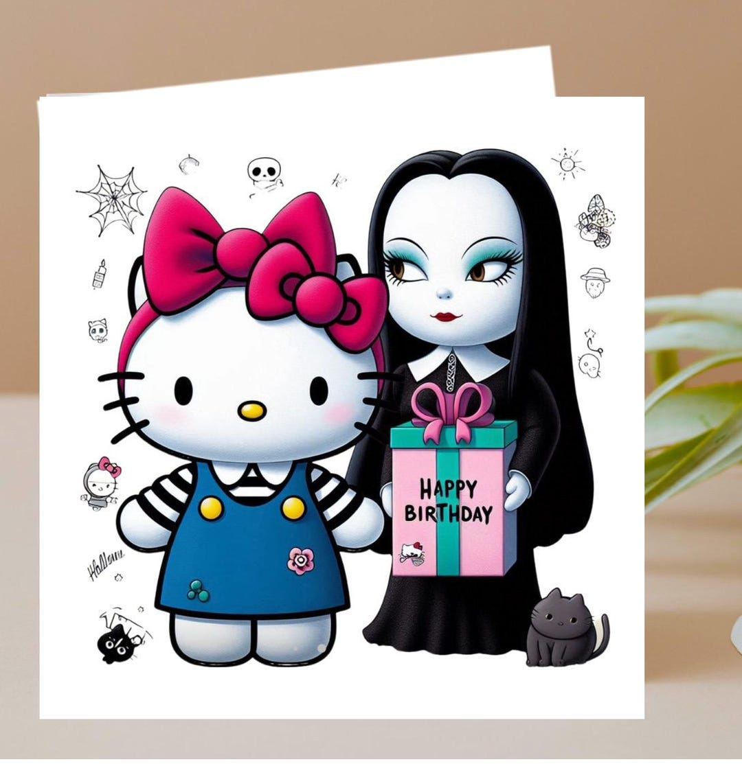 Personalized Kitty Cat & Wednesday Addams Birthday Card - Etsy