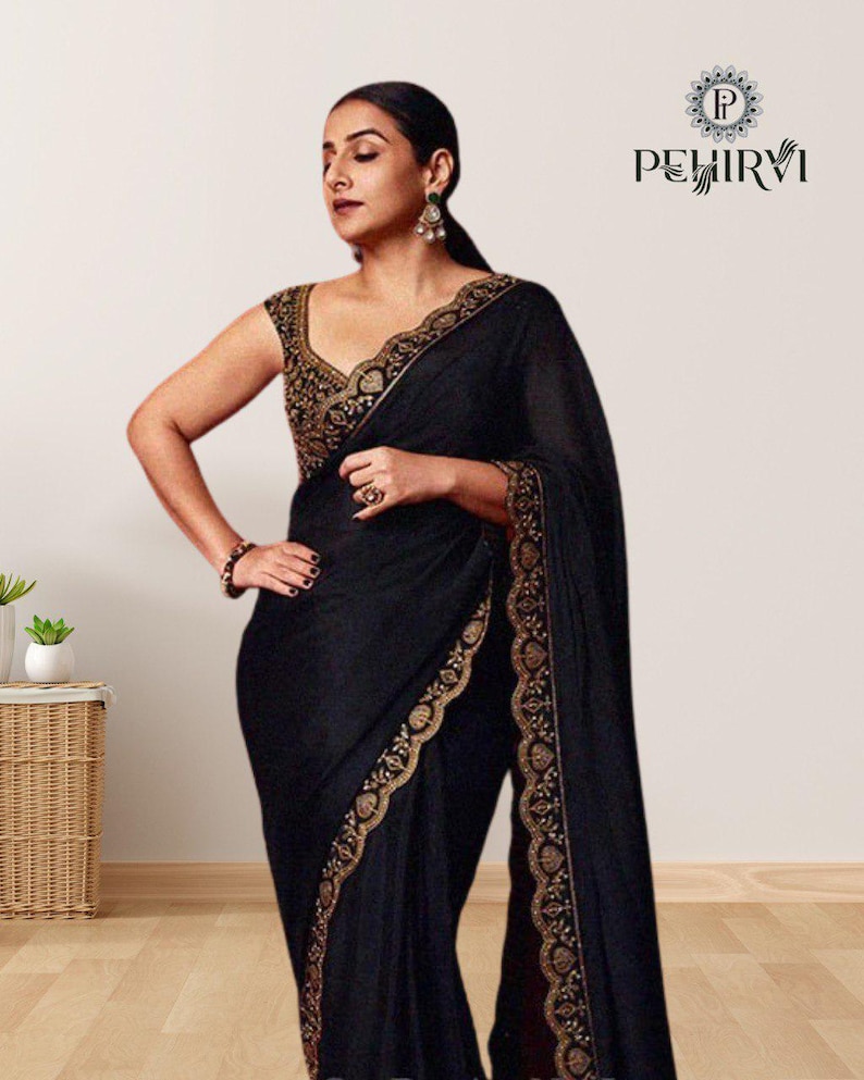 Stylish Black Saree for Women, Indian Party Wear Wedding Saree Blouse ...