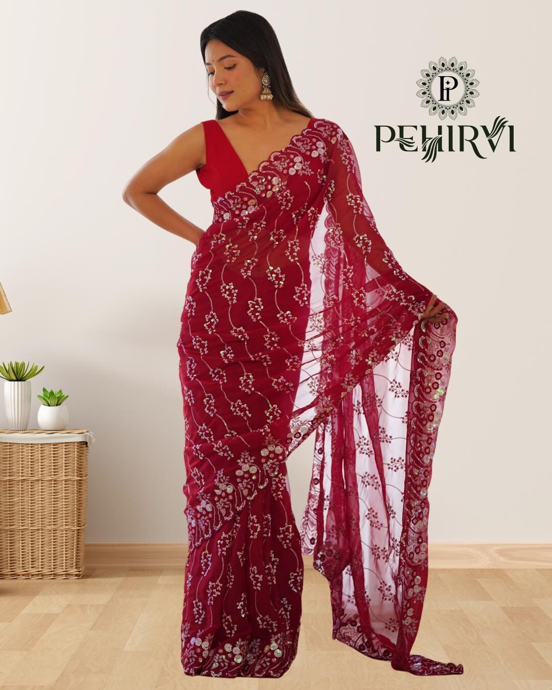 Designer Saree for Women Embroidery Sequence Work Saree With Blouse ...