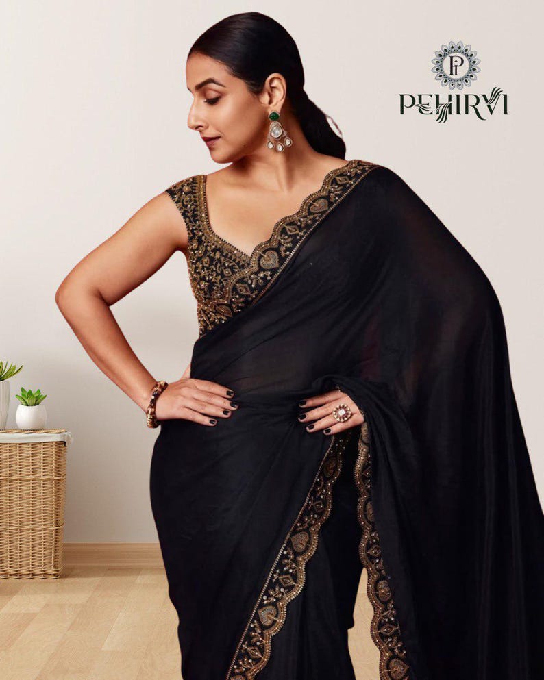 Stylish Black Saree for Women, Indian Party Wear Wedding Saree Blouse ...