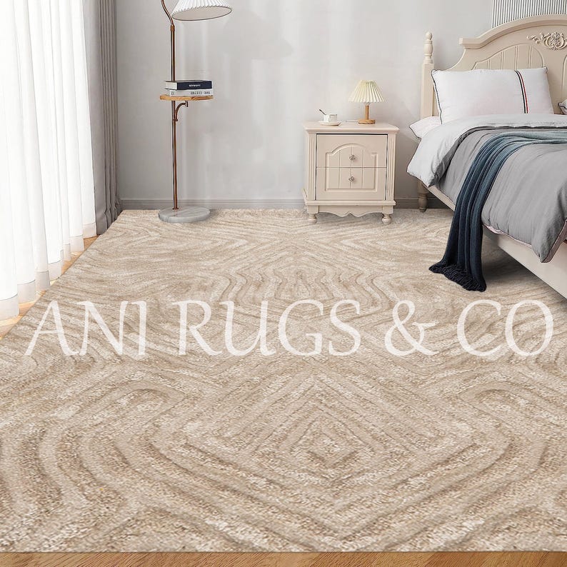 Hand Tufted Wool Rug Neutral Beige Geometric Carved Carpet With Subtle ...