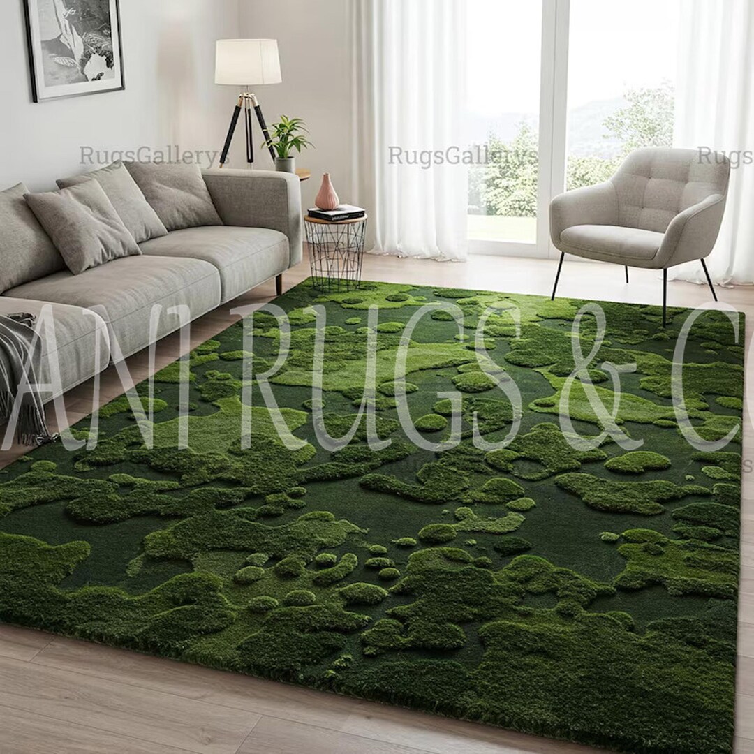 3D Green Moss Rug, Hand-tufted Rectangular Carpet, Sculpted Wool Blend ...