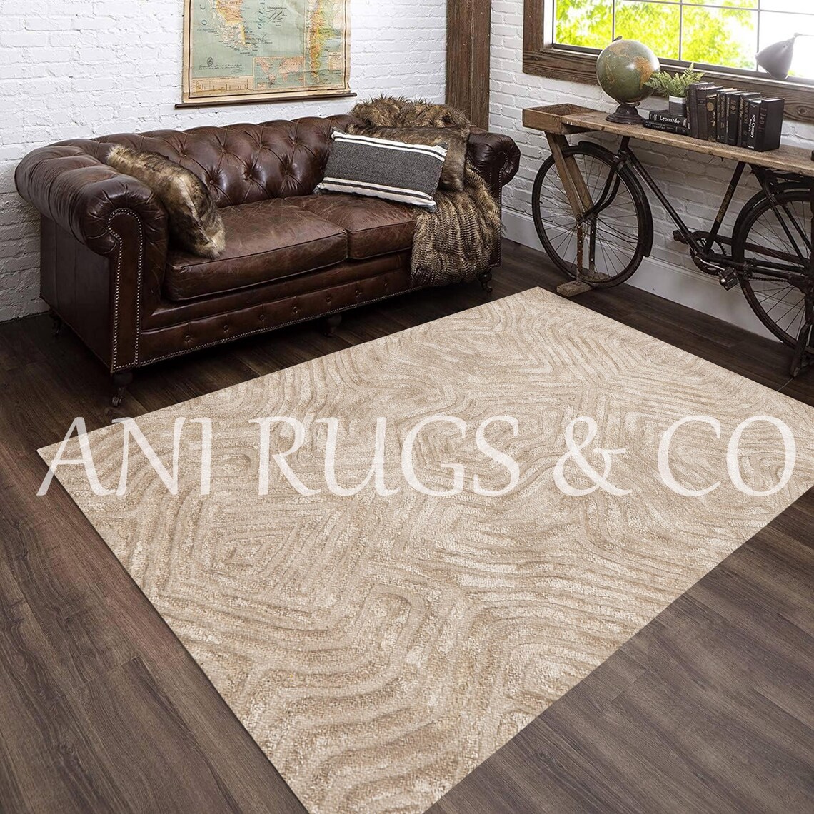 Hand Tufted Wool Rug Neutral Beige Geometric Carved Carpet With Subtle ...