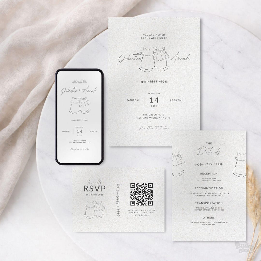 Hand Drawn Cat Wedding Invitation Suite | Canva Editable Minimal ...