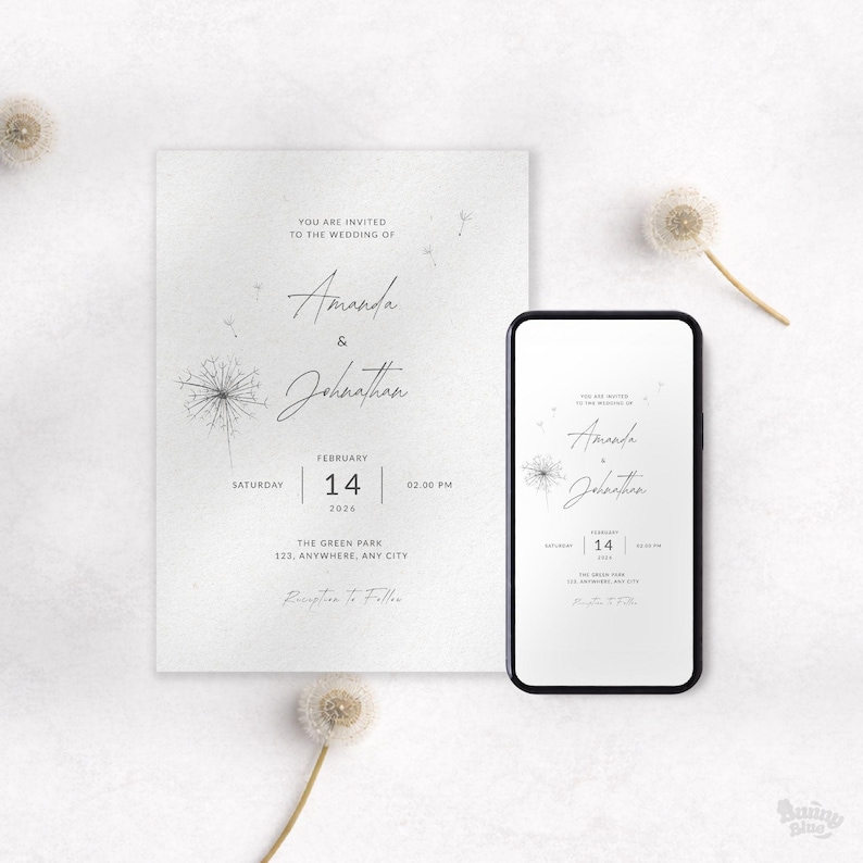 Hand Drawn Dandelion Wedding Invitation Card | Canva Editable Minimal ...