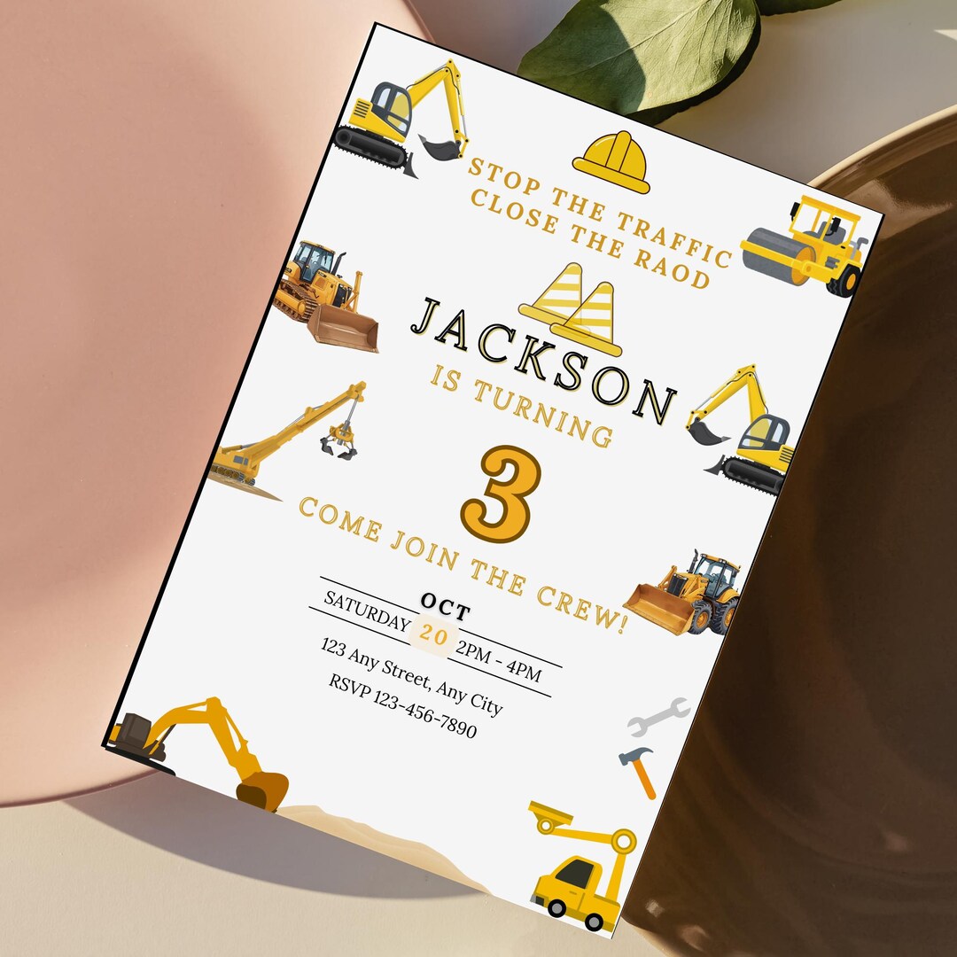 Construction 3rd Birthday Invitation: Editable Template (digital ...