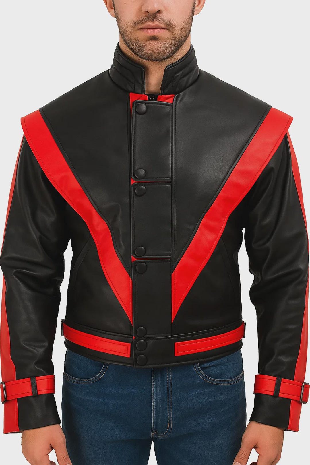 Michael Jackson Style Black Leather Jacket With Red Stripe – Thriller ...