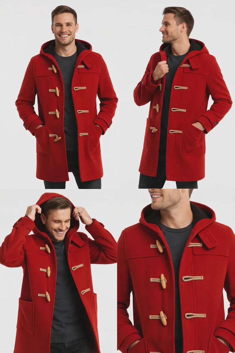 Handmade Red Hooded Duffle Coat Wool Winter Coat Unisex Toggle Closure ...