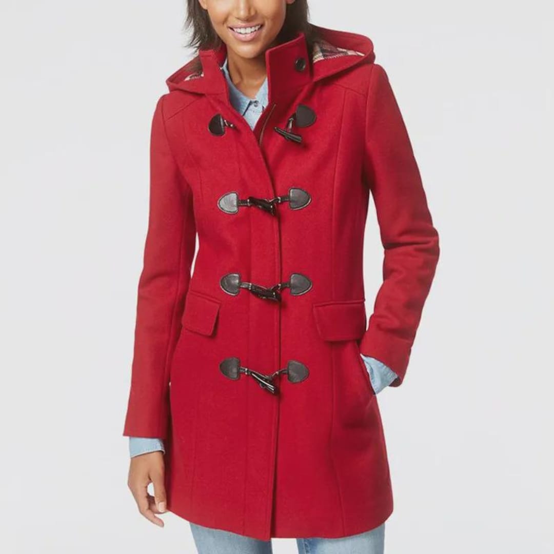 Handmade Women’s Red Hooded Duffle Coat Wool Check Winter Coat Toggle ...