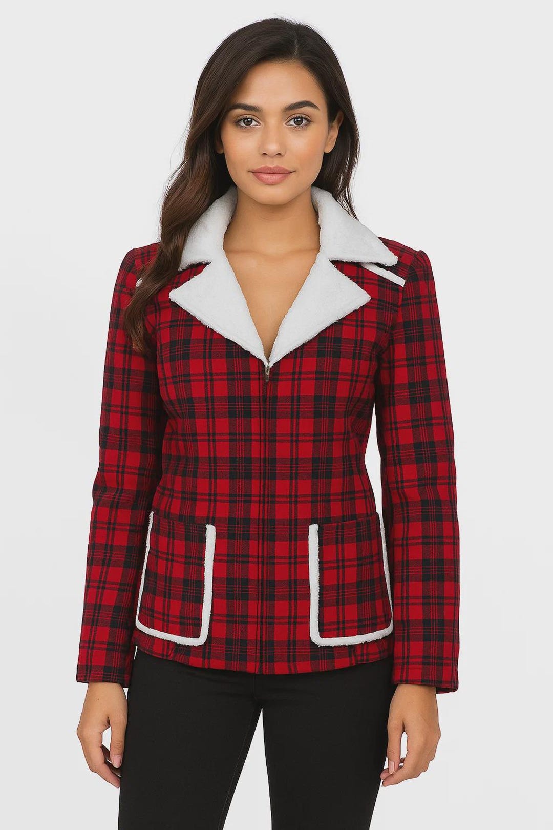 Red & Black Shearling Flannel Jacket: Faux Leather Trim, Unisex ...