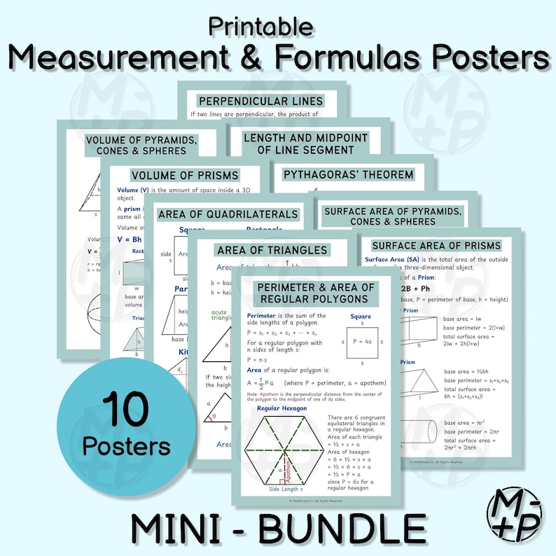Geometry Posters (set of 10): Measurement & Formulas, Area, Volume ...