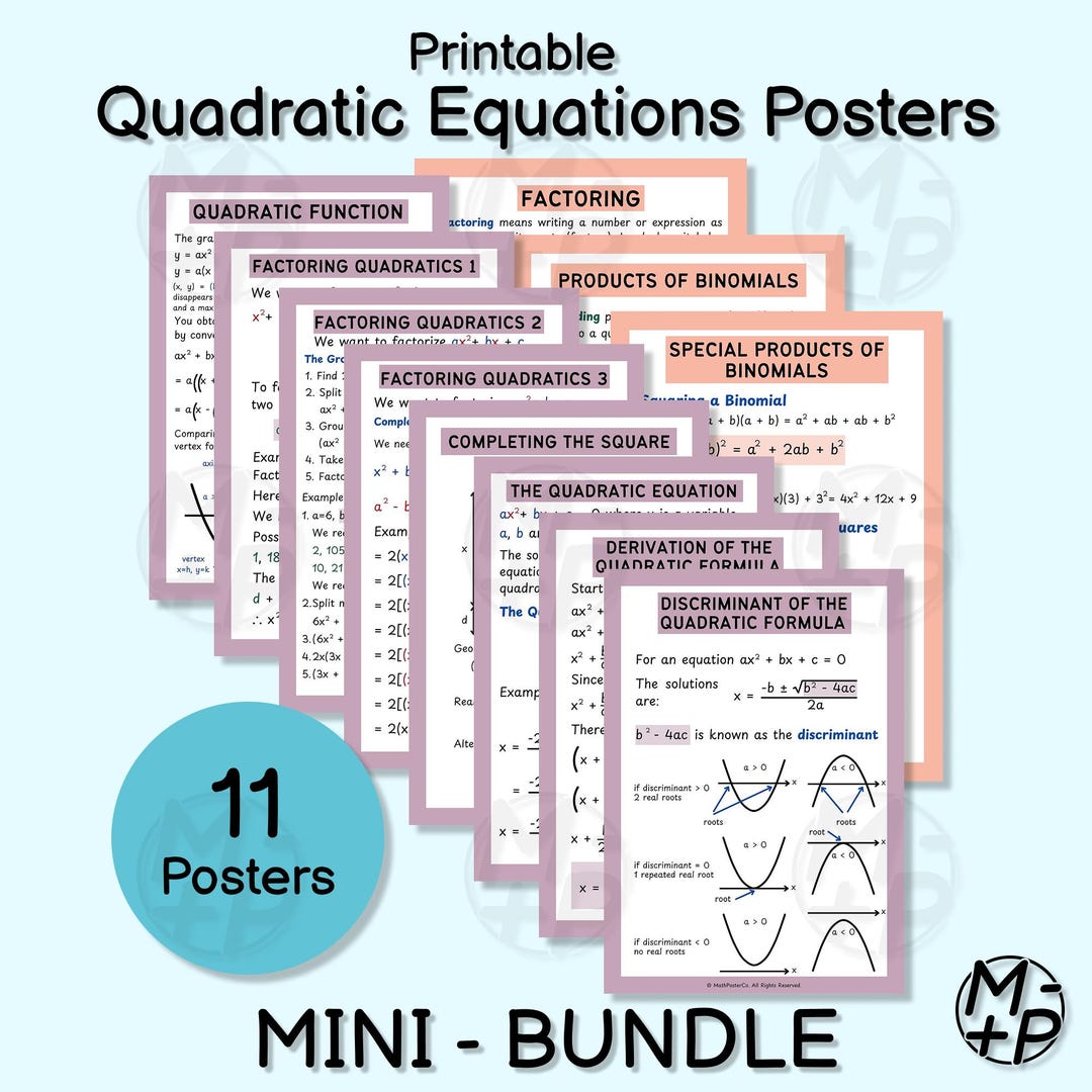 Algebra Posters (set of 11): Quadratic Equations, High School Math ...