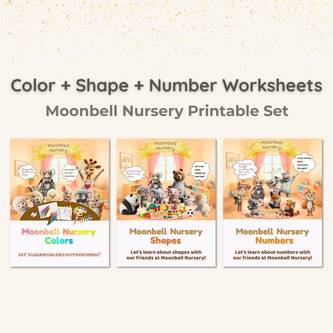 Colors + Shapes + Numbers Worksheets | Moonbell Nursery Printable Set ...