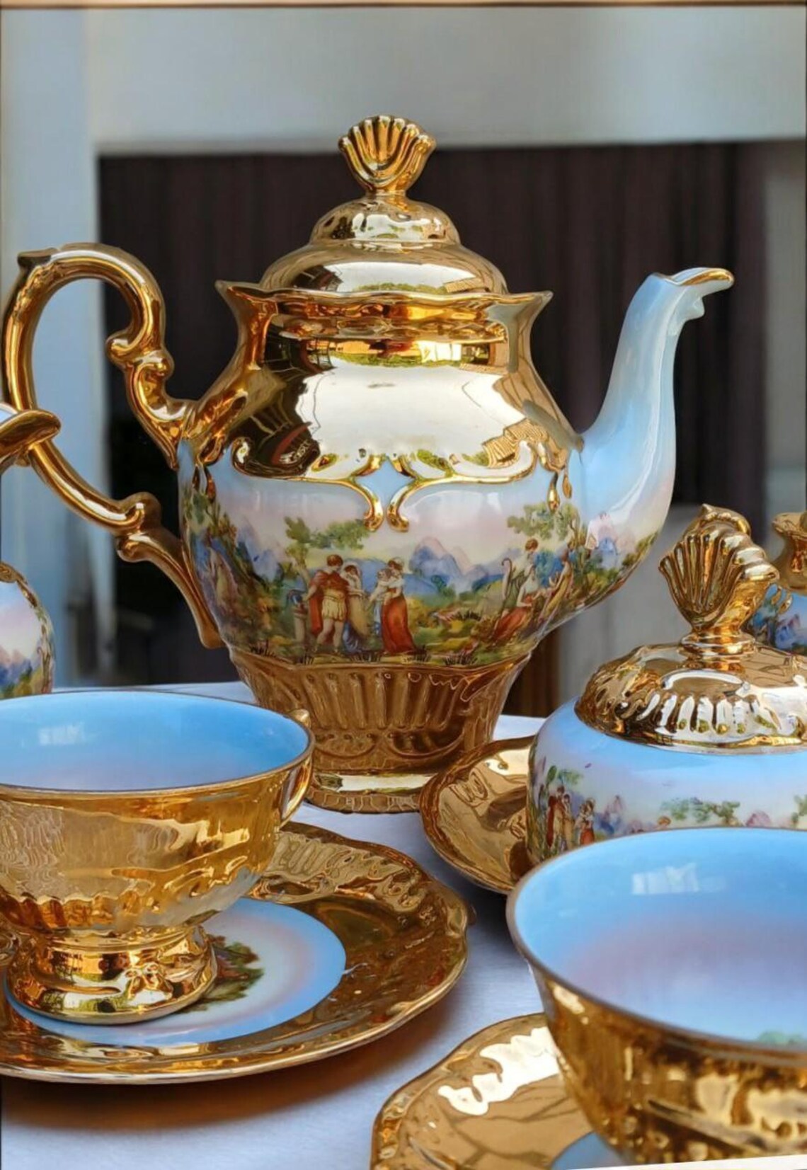 Hand-painted Porcelain Tea Set, 24K Gold Gilded, Rococo Style, 1950s - Etsy