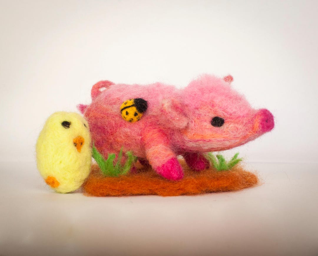 Needle Felted Pig, Chick and Ladybug Sculpture: Handmade Wool Farm ...