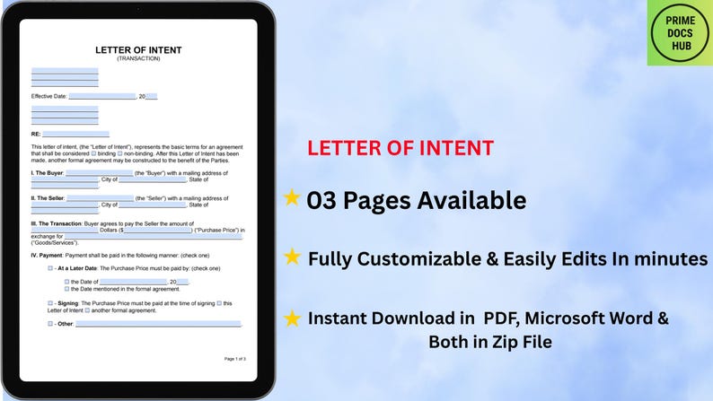 Letter of Intent – Preliminary Agreement Document ( DOCX & PDF ) - Etsy