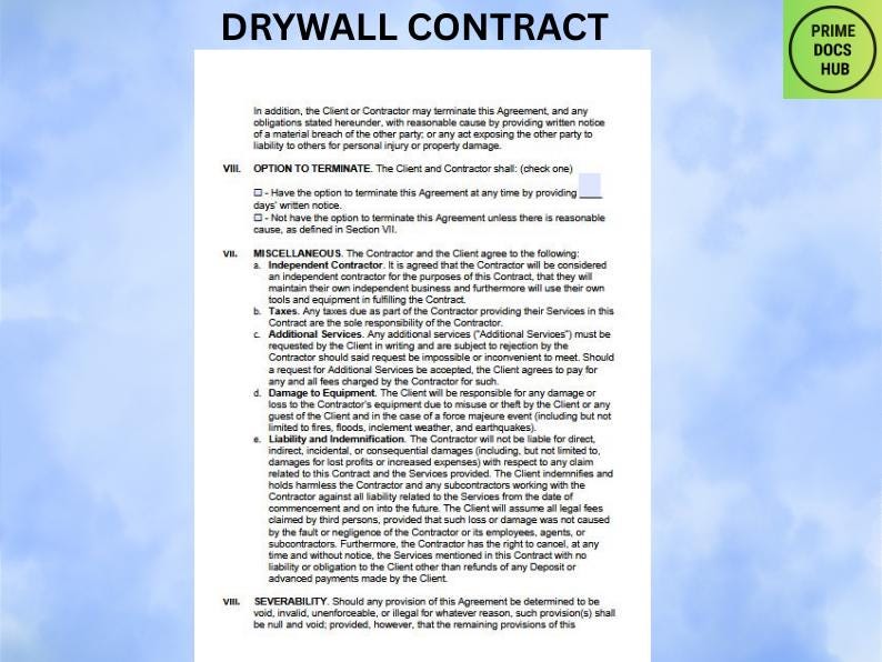 Editable Drywall Contract Template: Professional Service Agreement (PDF ...