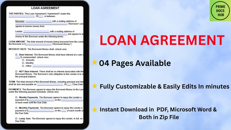 Editable Loan Agreement Template: Printable PDF & Google Doc (digital ...