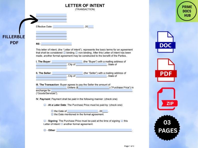 Letter of Intent – Preliminary Agreement Document ( DOCX & PDF ) - Etsy
